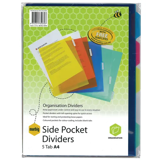Marbig A4 Polypropylene 5 Index Tabs Clear – Side Pockets