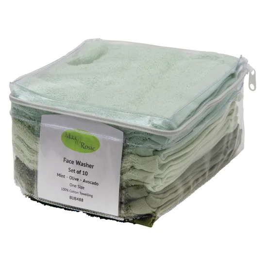 Max & Rosie Face Washers - Mint/Olive/Avocado 10 Pieces